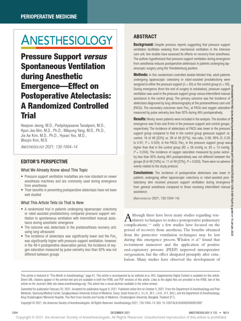 Pressure Support Versus Spontaneous Ventilation During Anesthetic ...