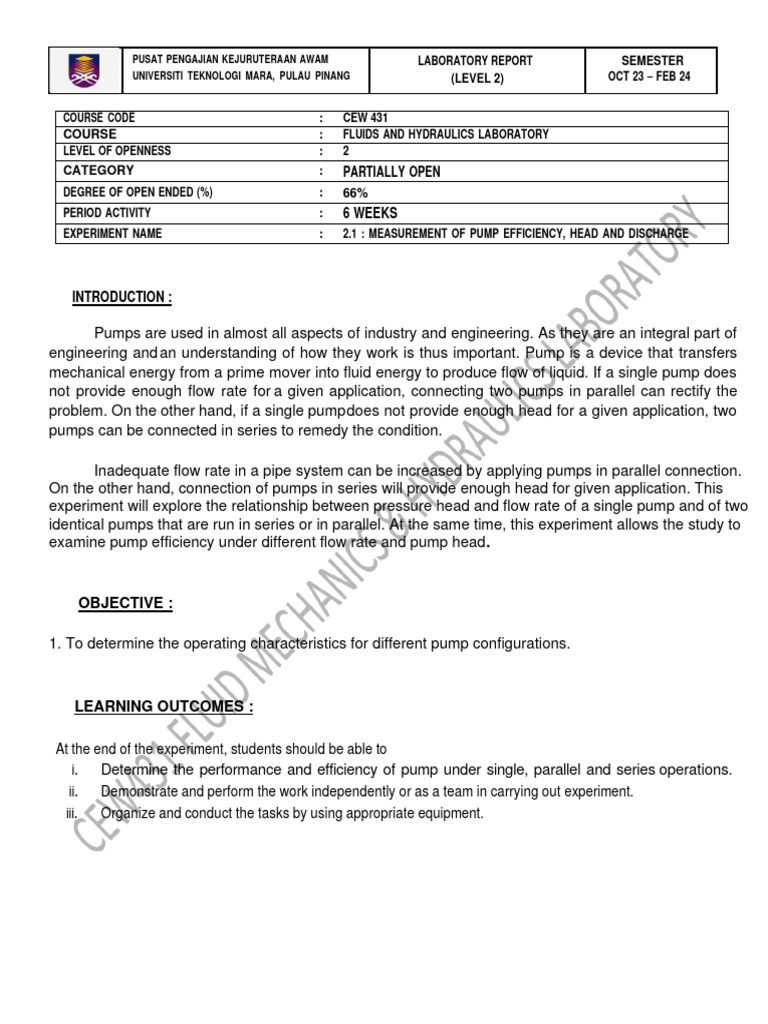 2.1 - Measurement of Pump Efficiency - Report - OCT23 | PDF