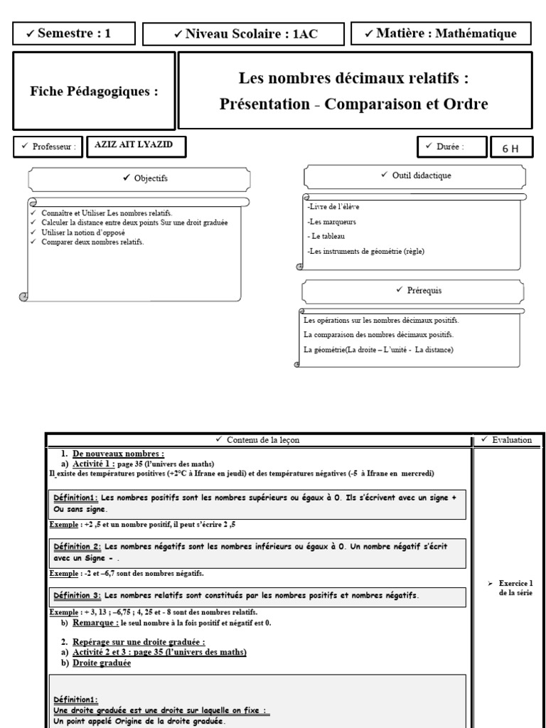 Nombres relatifs et droite graduée 1AC | PDF | Mathématiques ...