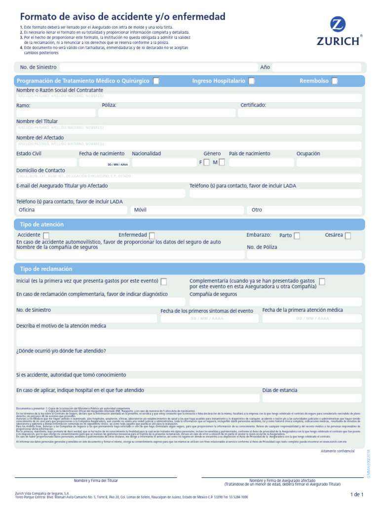 Formato Aviso Acc y Enf - Sinr | PDF | Póliza de seguros | Seguro