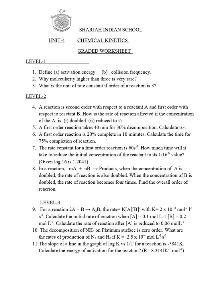 Chemical Kinetics Worksheet for Students | PDF