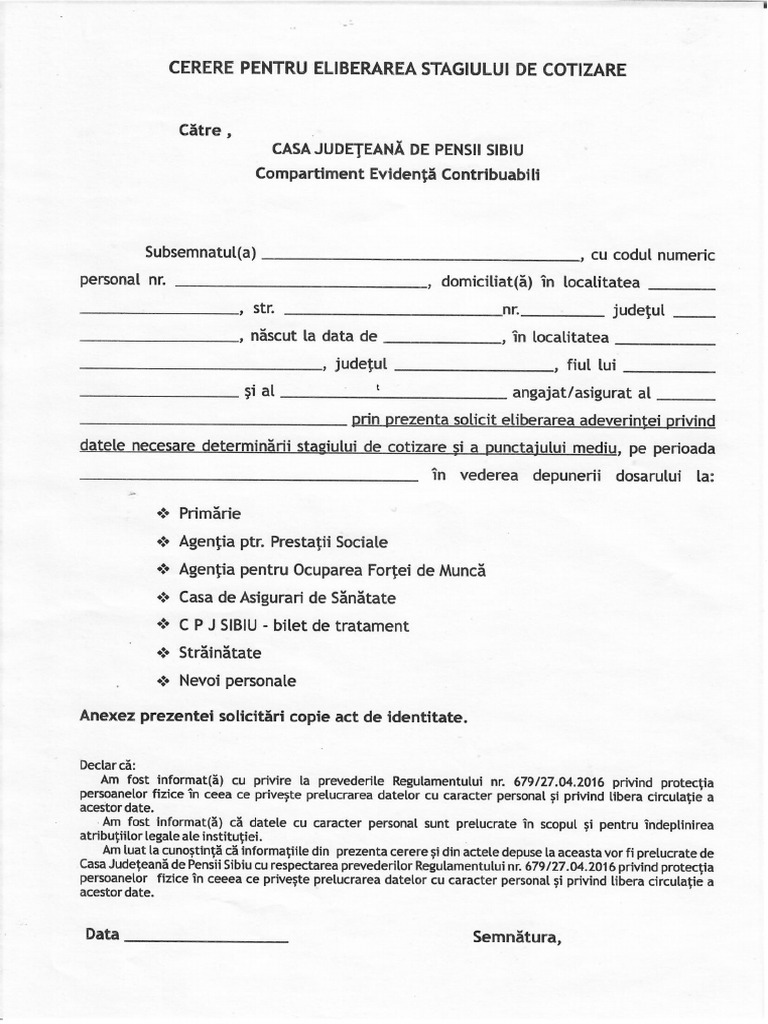 Cerere Pentru Eliberare Stagiu de Cotizare | PDF