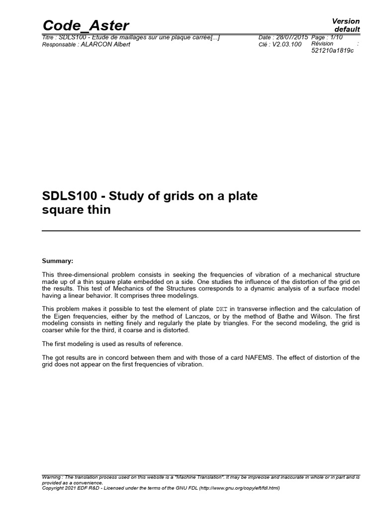 Code - Aster: SDLS100 - Study of Grids On A Plate Square Thin | PDF ...