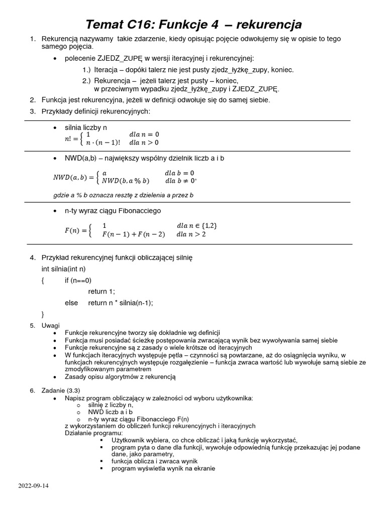C16M Funkcje 4 - Rekurencja | PDF