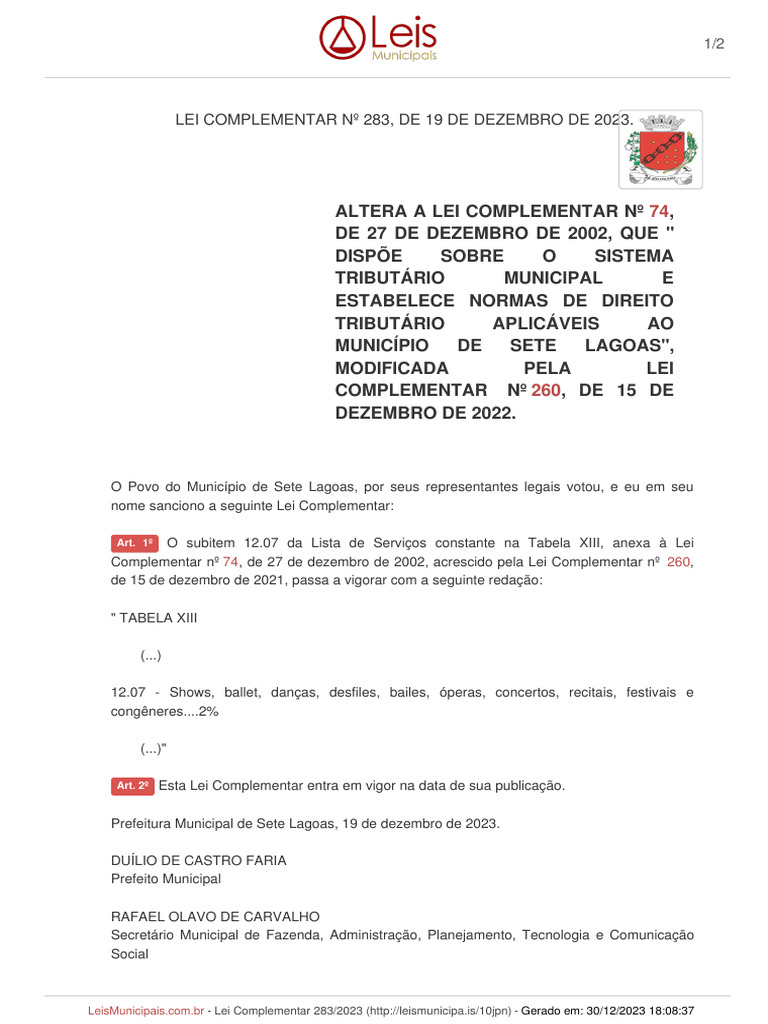 Lei Complementar 283 2023 Sete Lagoas MG | PDF