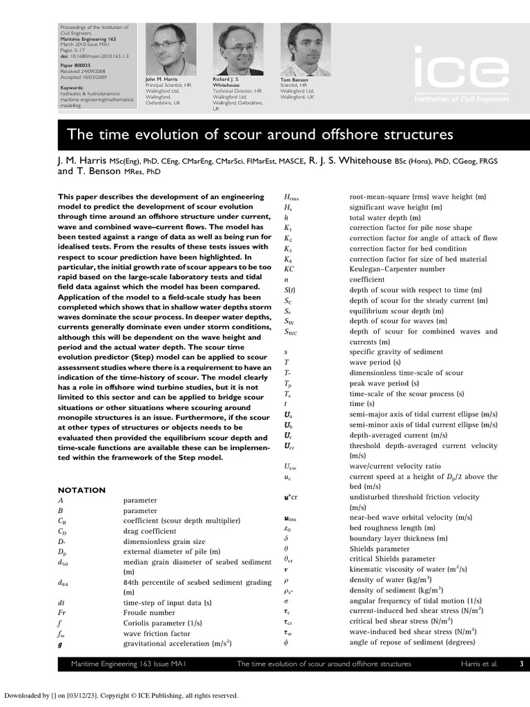 Harris Et Al 2015 The Time Evolution Of Scour Around Offshore