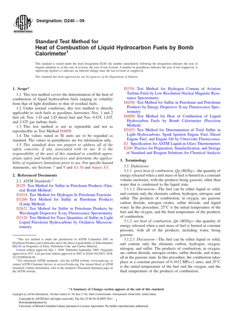 D240-Standard Test Method For Heat of Combustion of Liquid Hydrocarbon ...