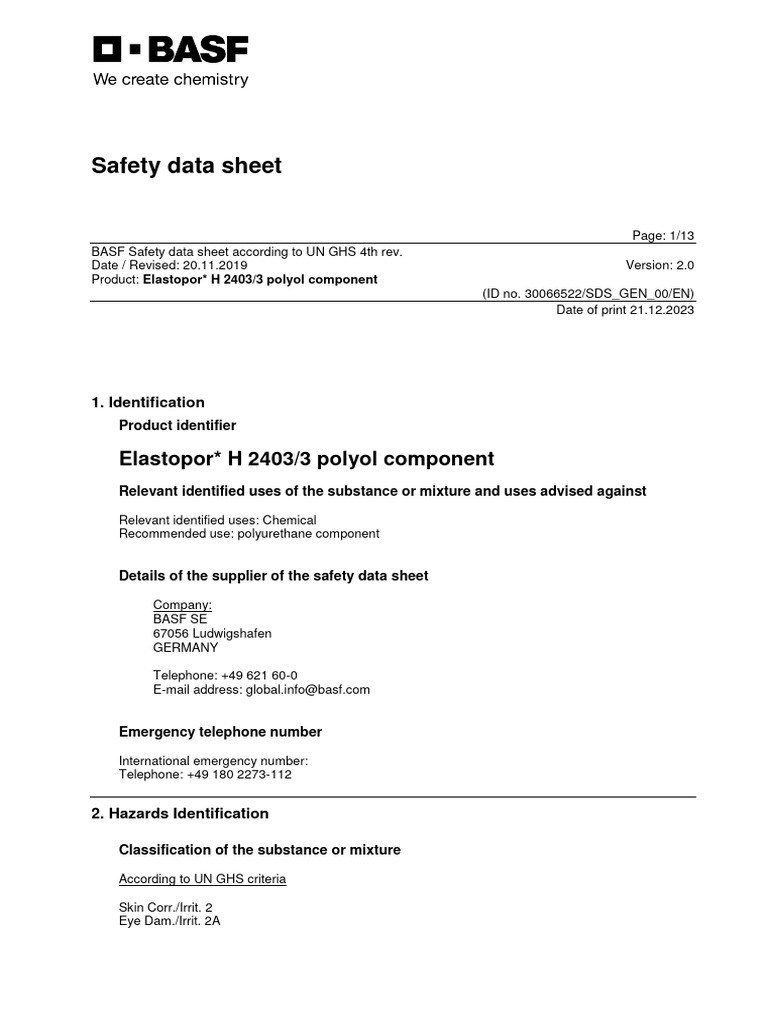 BASF Elastopor H 2403/3 Safety Data Sheet | PDF