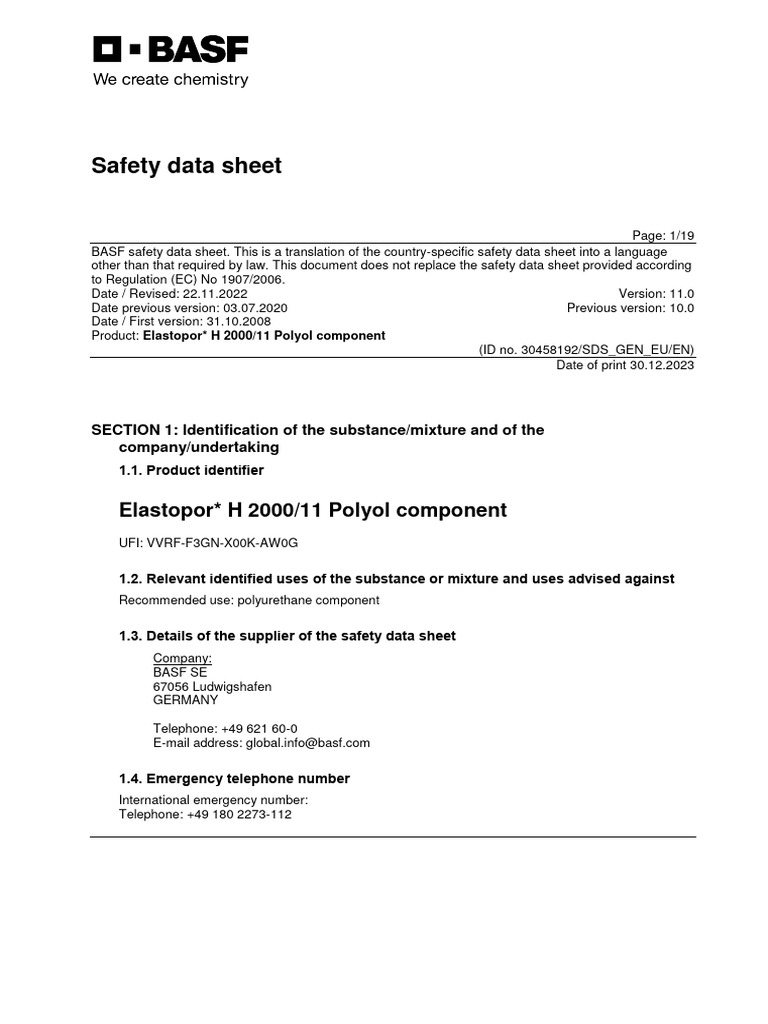 BASF Elastopor H 2000/11 Safety Data Sheet | PDF | Dangerous Goods | Toxicity