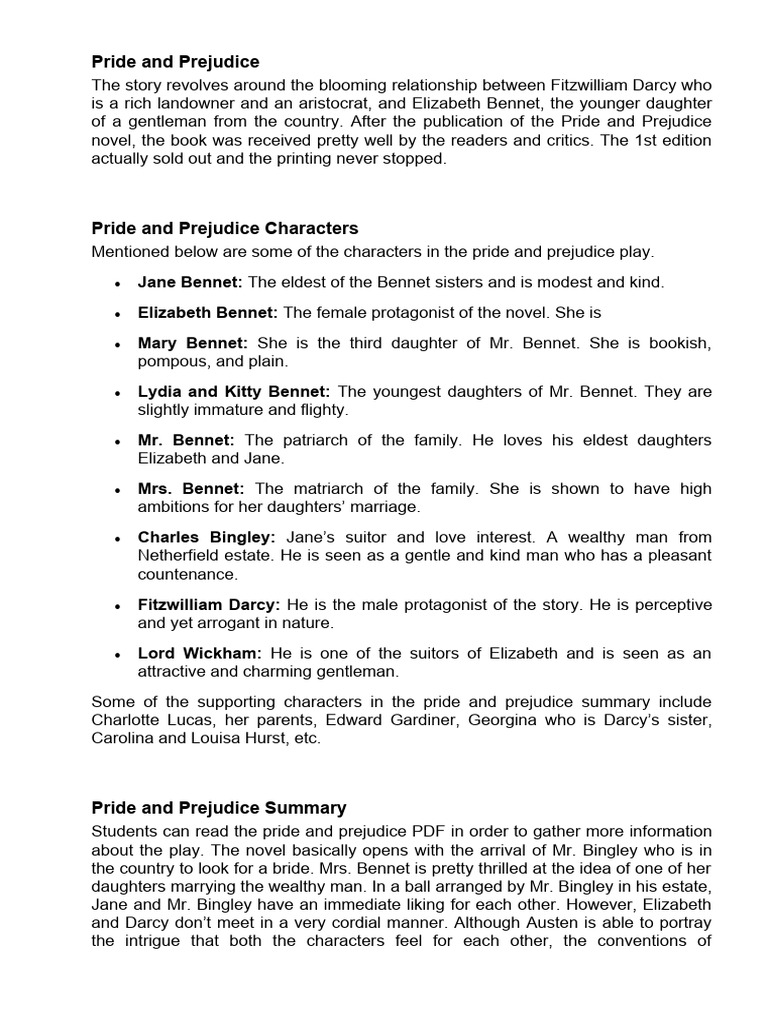 Characters | PDF | Pride And Prejudice | Mr. Darcy