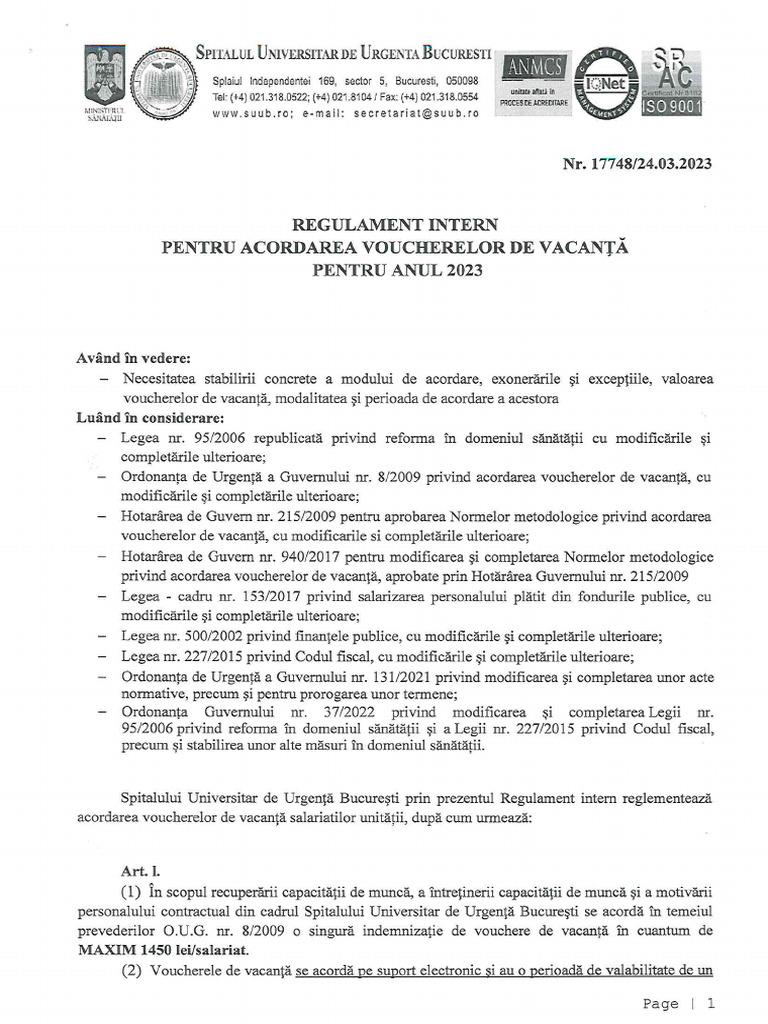 Regulament Acordare Vouchere Vacanță 2023 | PDF