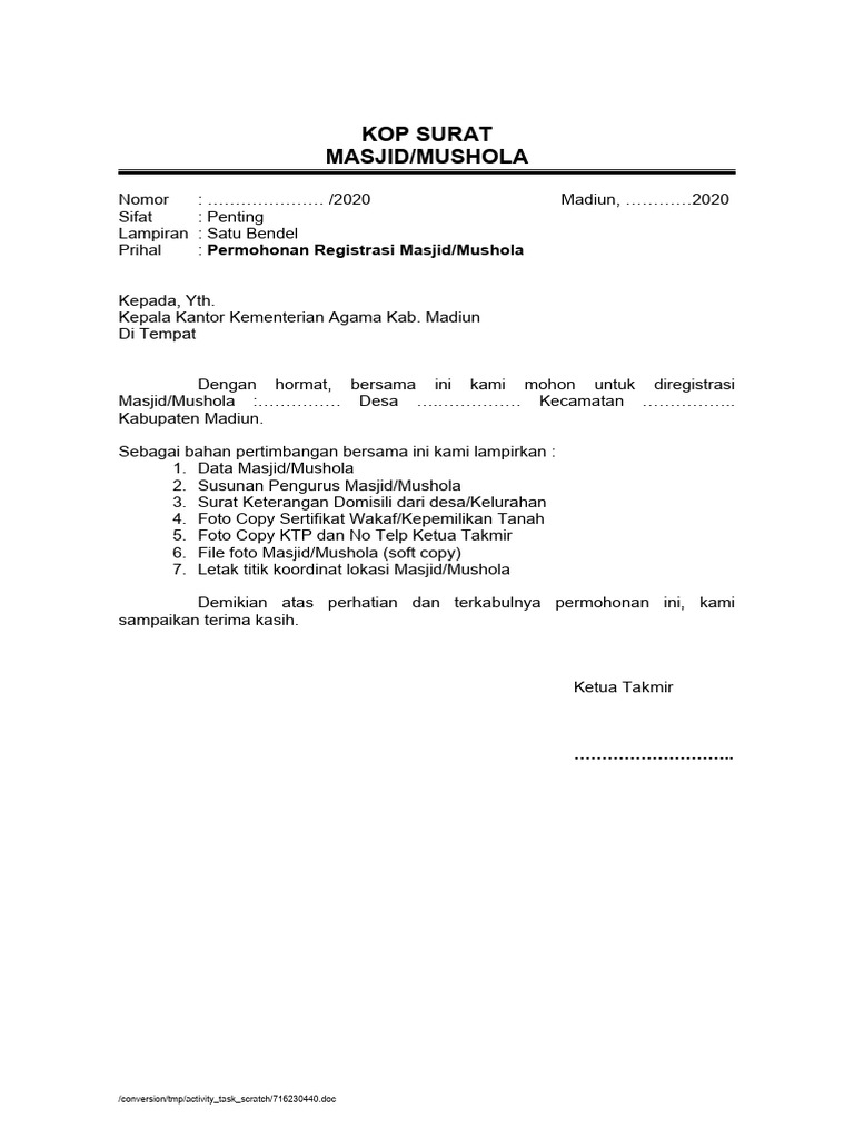 Contoh Surat Permohonan SKT Masjid | PDF | Pengelolaan Keuangan & Uang