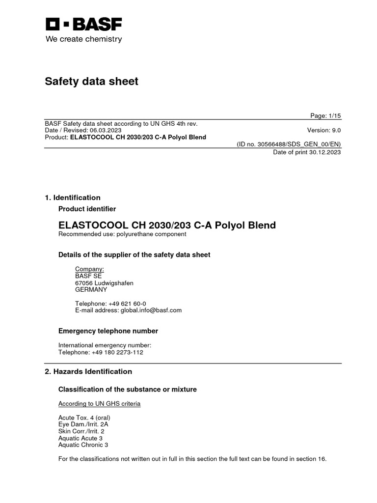 ELASTOCOOL CH 2030 Safety Data Sheet | PDF | Dangerous Goods | Chemistry