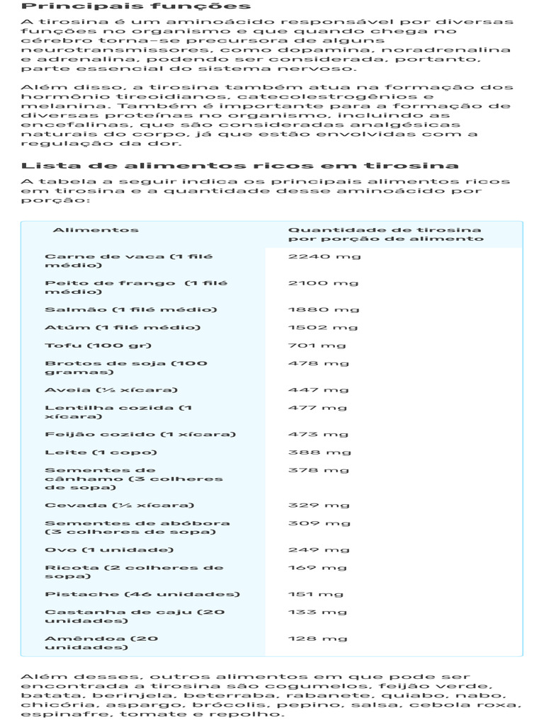 Alimentos Ricos em Tirosina | PDF