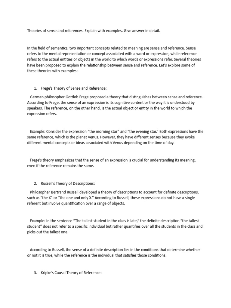 Theories of Sense and References | PDF | Reference | Philosophy Of Language