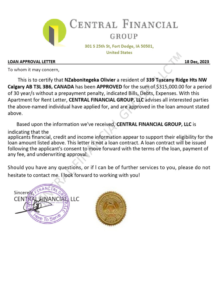 Loan Approval Letter Olivier PDF | PDF
