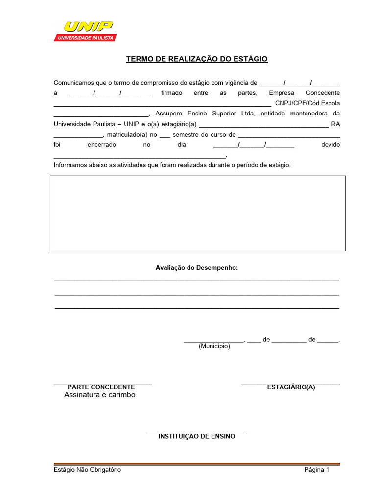 Nao Obrigatorio Termo de Realizacao Do Estagio | PDF Nao Obrigatorio Termo de Realizacao Do Estagio | PDF