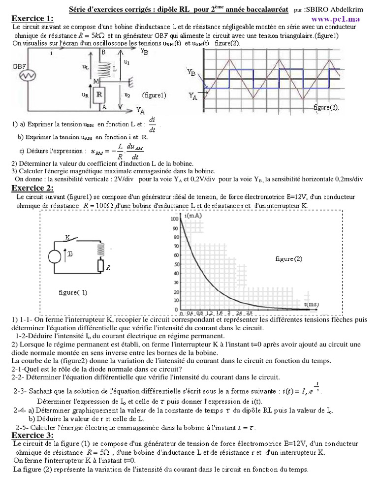 Exercices corrigés dipôle RL 2ème bac | PDF | Tension électrique ...