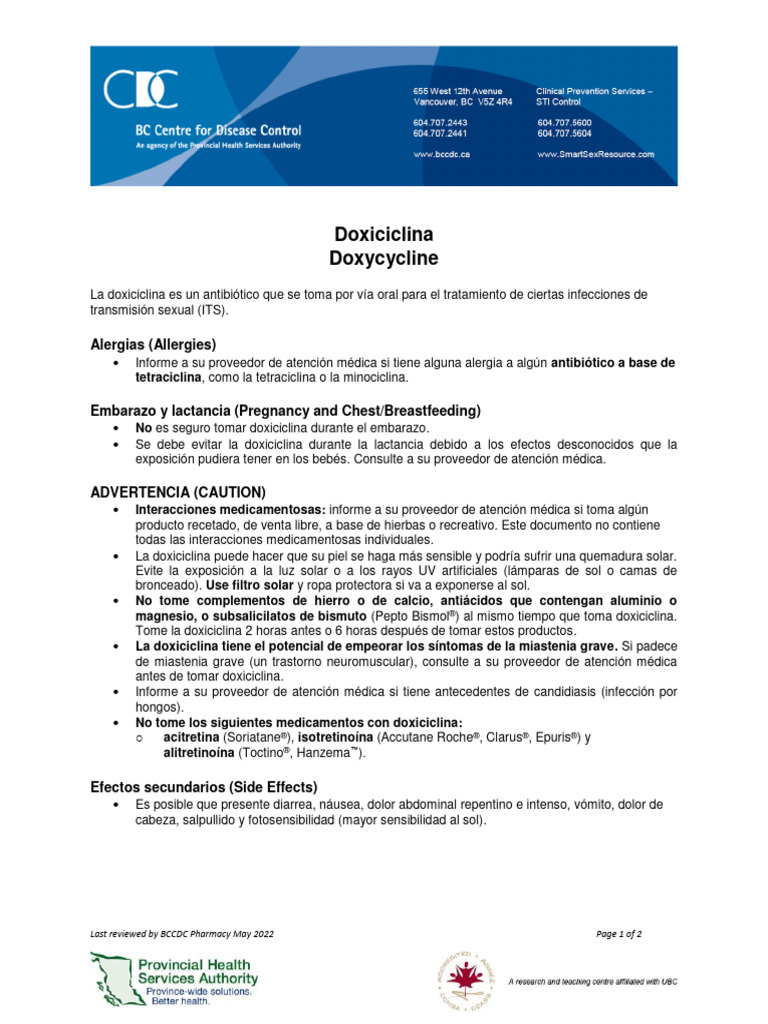 STI Handout Doxycycline Spanish | PDF | Medicina CLINICA ...