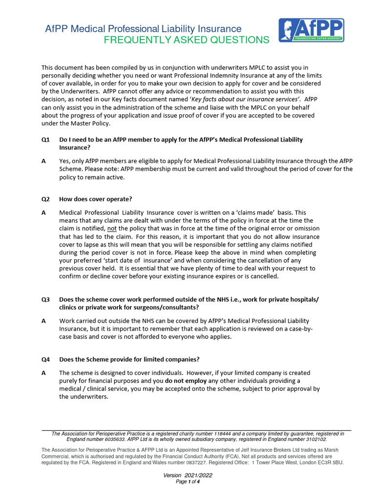 Afpp Medical Indemnity Insurance Faq S 2021 2022 | PDF | Professional ...