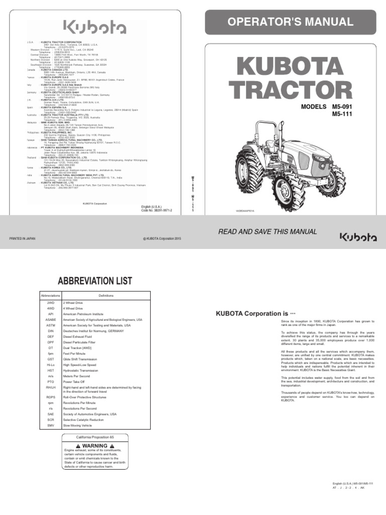 Kubota M5-091 M5-111 Operator Manual | PDF | Tractor | Mechanical Engineering