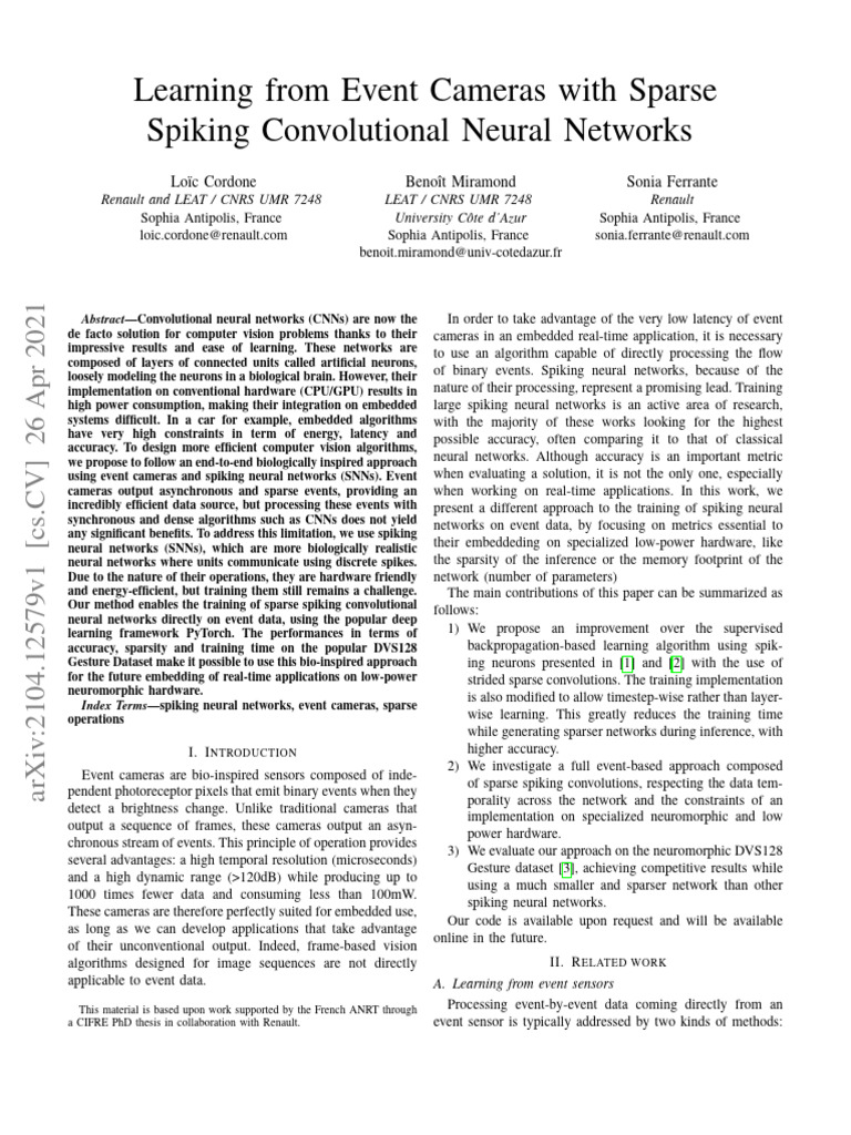 Learning From Event Cameras With Sparse Spiking Convolutional Neural Networks | PDF