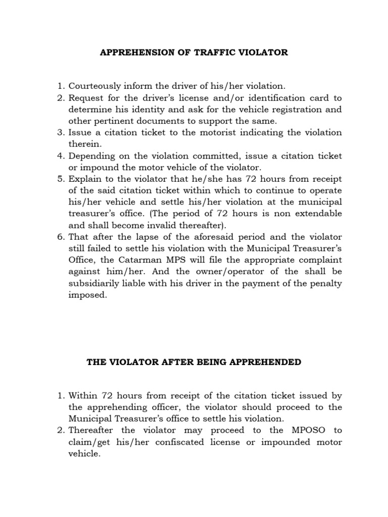 Traffic Violator Apprehension Procedures | PDF | Traffic | Highway