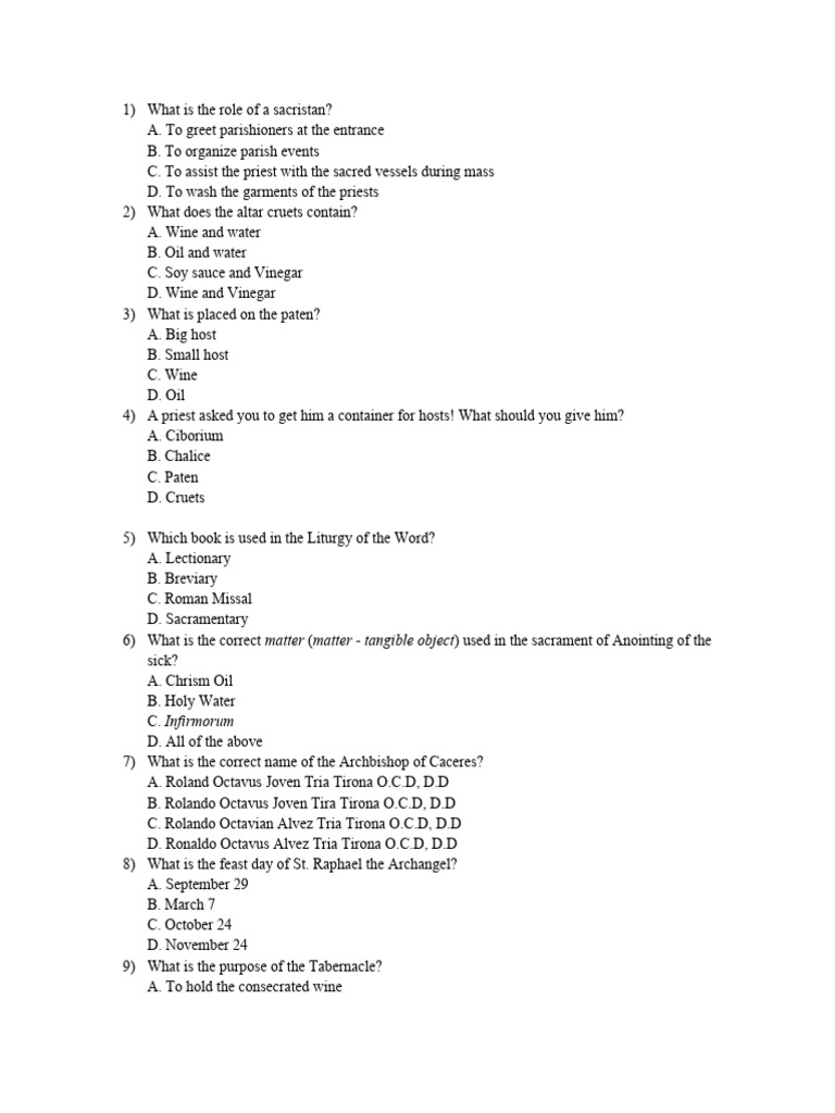 Quiz | PDF | Mass (Liturgy) | Eucharist