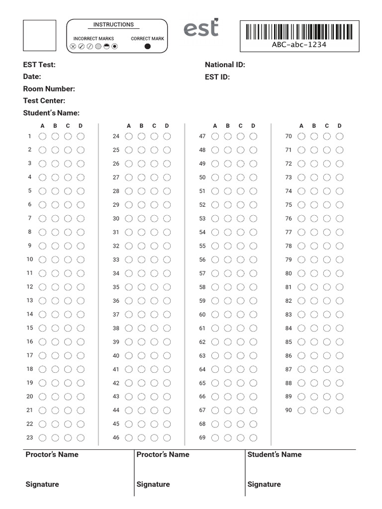 EST Exam Bubble Sheet Template | PDF