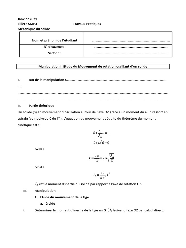 Compte Rendu TP1 - MVT de Rotation Oscillant Version - Corrigée | PDF