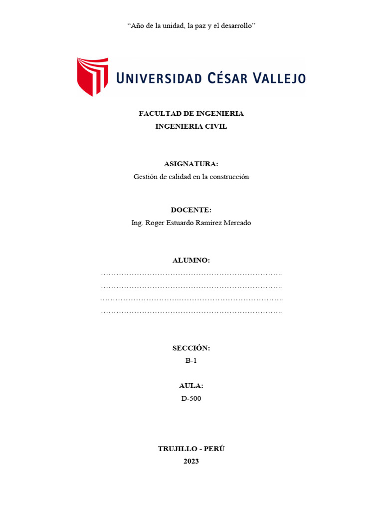 CARATULA Gestión de Calidad en Construcción UCV | PDF