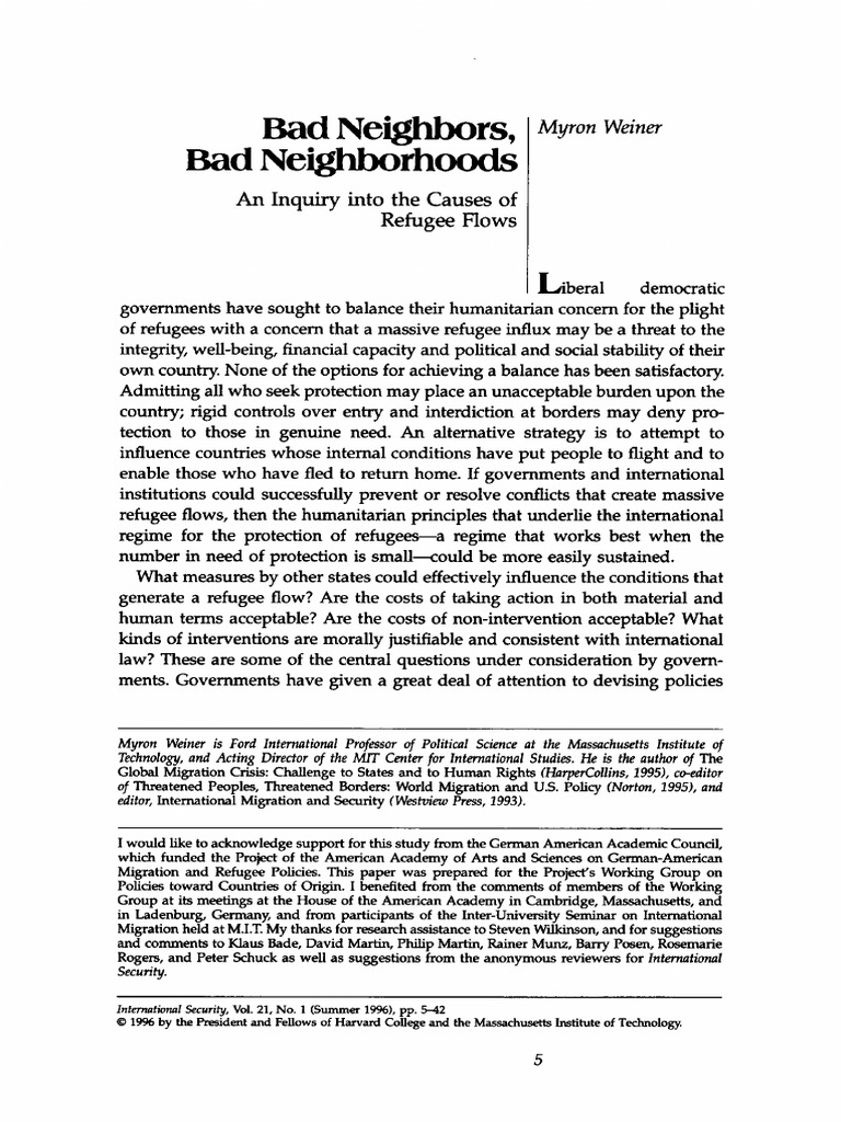Bad Neighbors - Myron Weiner | PDF | Refugee | Secession
