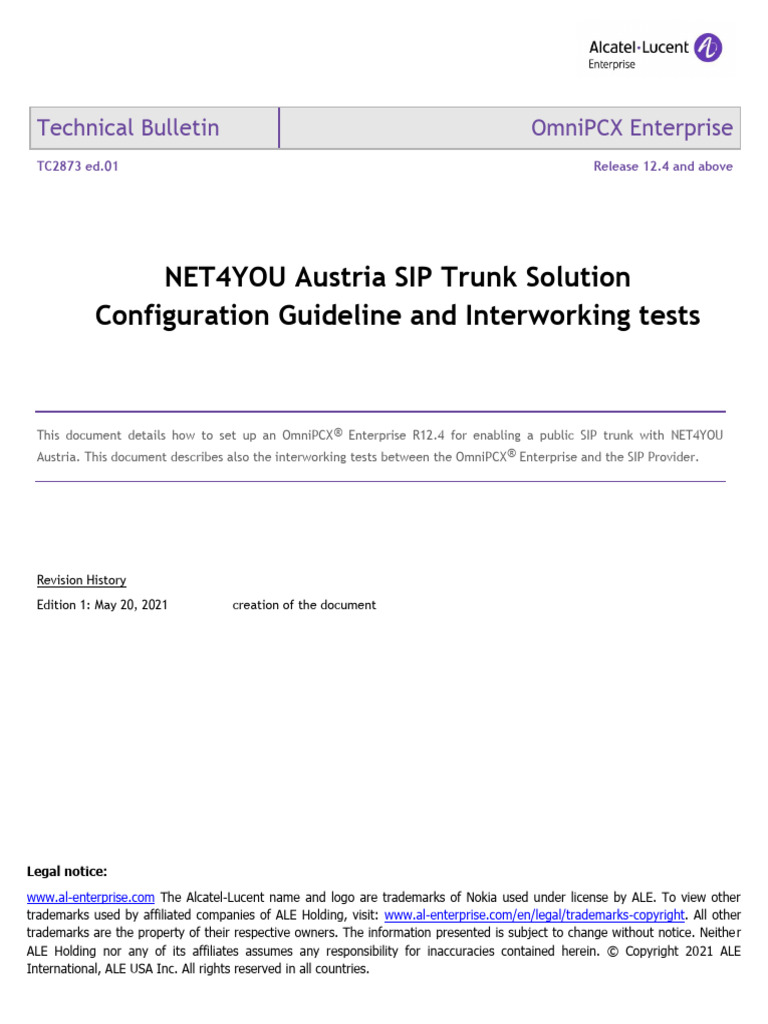 TC2873en-Ed01 SIP Trunk SIPProvider NET4YOU ConfigurationGuideline R12.4 | PDF | Session ...
