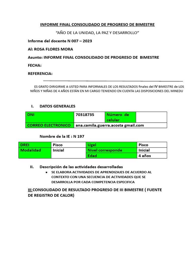 Informe Progreso Bimestre Inicial 2023 | PDF