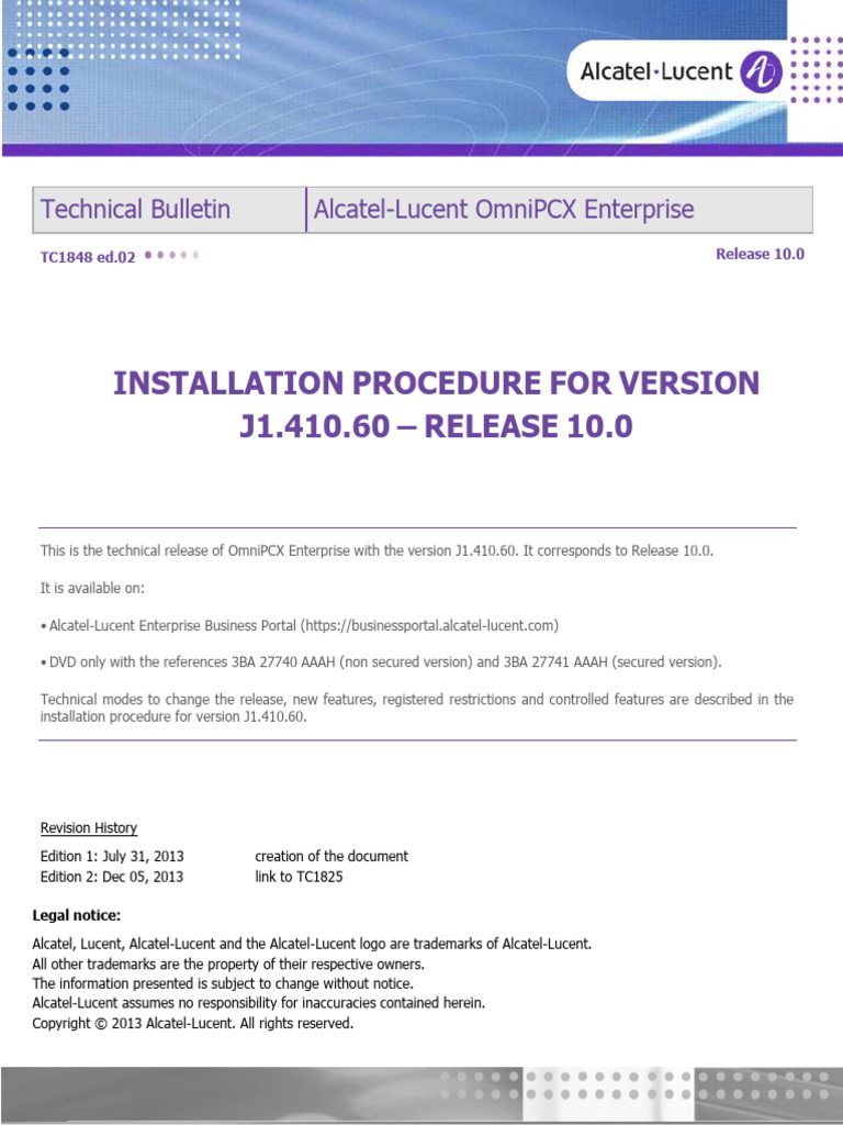 TC1848 OmniPCX Enterprise Installation Procedure For Version J1.410.60 ...