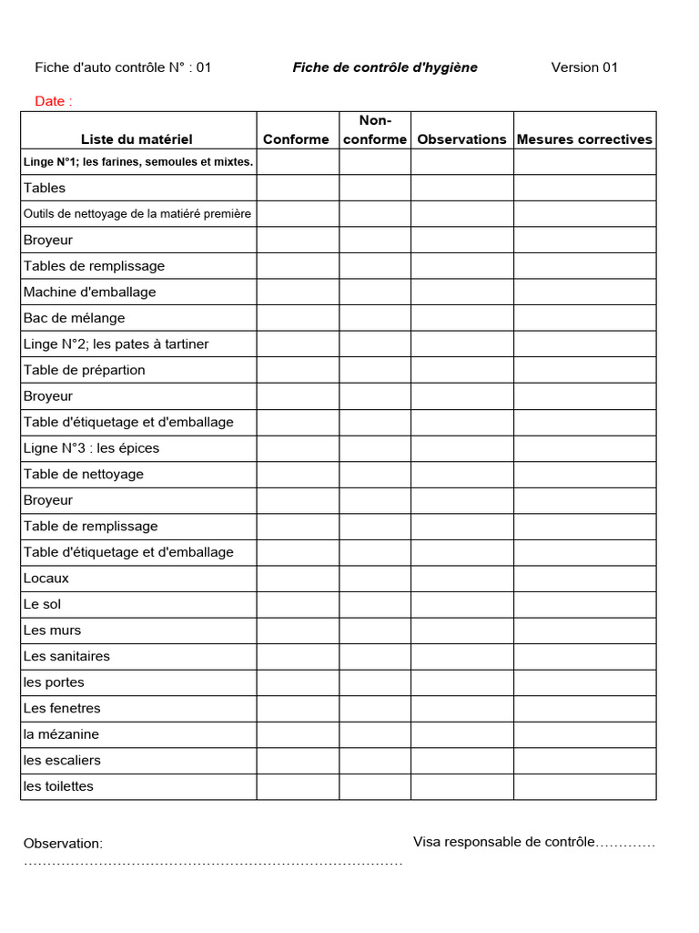 Fiche de contrôle d'hygiène et nettoyage | PDF | Santé publique | Hygiène