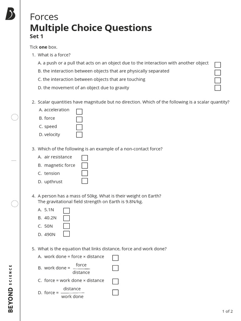 Forces Multiple Choice Questions Set 1 - Interactive | PDF | Force ...