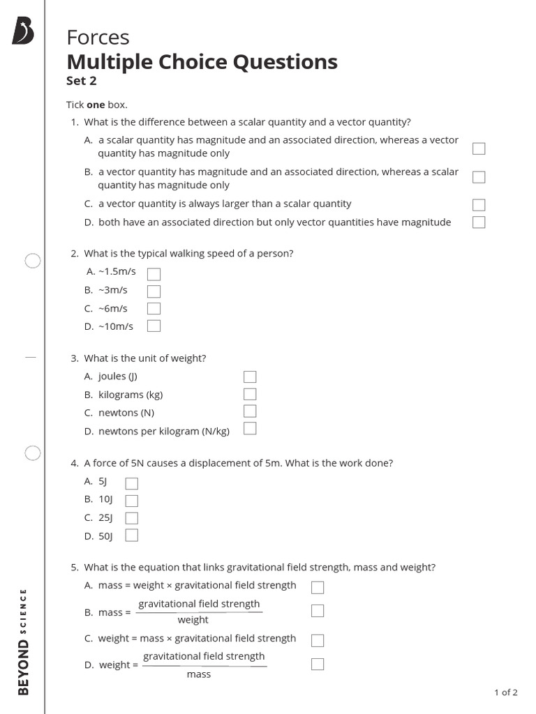 Forces Multiple Choice Questions Set 2 | PDF