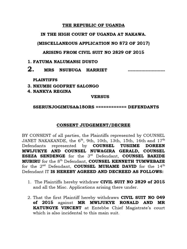 Consent in Civil Suit No 2829 of 2015 | PDF | Lawsuit | Separation Of ...