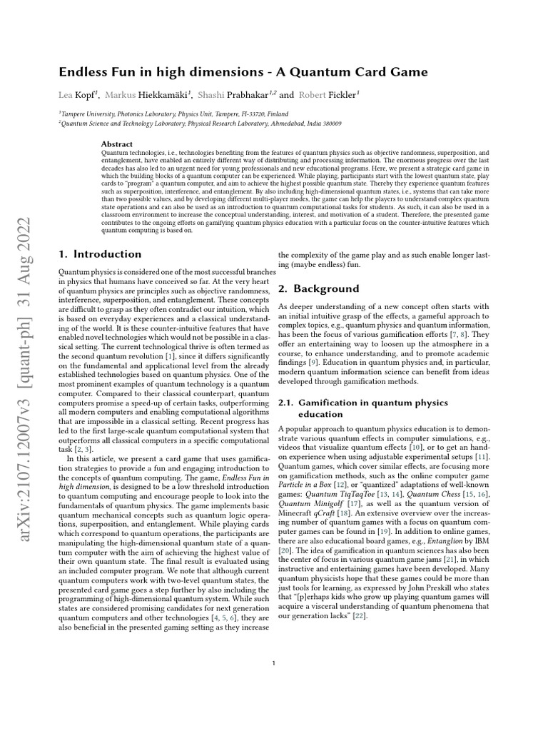 Endless Fun in High Dimensions - A Quantum Card Game: Kopf, Hiekkamäki, Prabhakar and Fickler ...