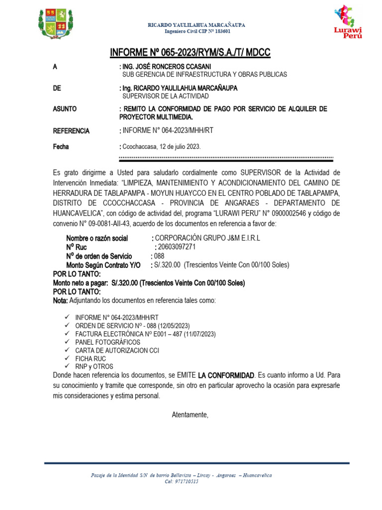 Informe #065-2023 Solicito Conformidad de Pago de Alquiler de Proyector Multimedia | PDF | Derecho