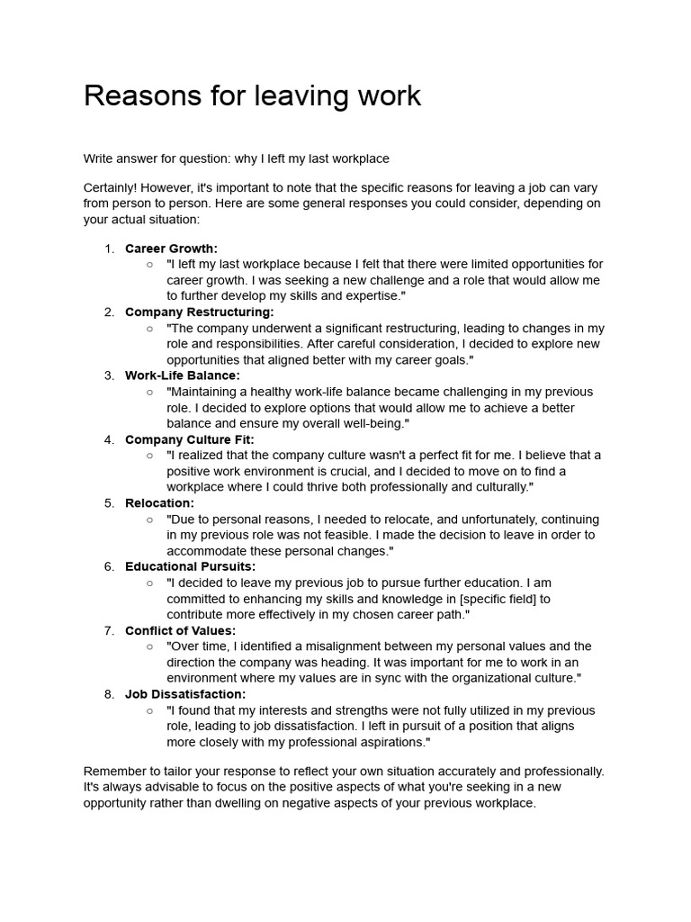 Reasons For Leaving Work | PDF | Cognitive Science | Cognition