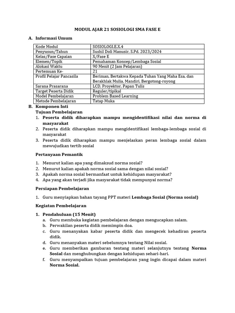 Modul Ajar 21 Sosiologi Sma Fase e - Bab 4 | PDF