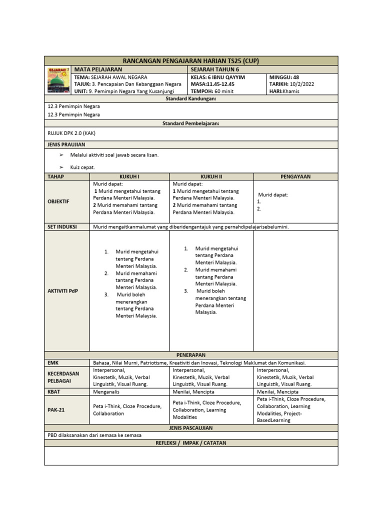 RPH Cup-Sejarah THN 6 (Tapak) | PDF
