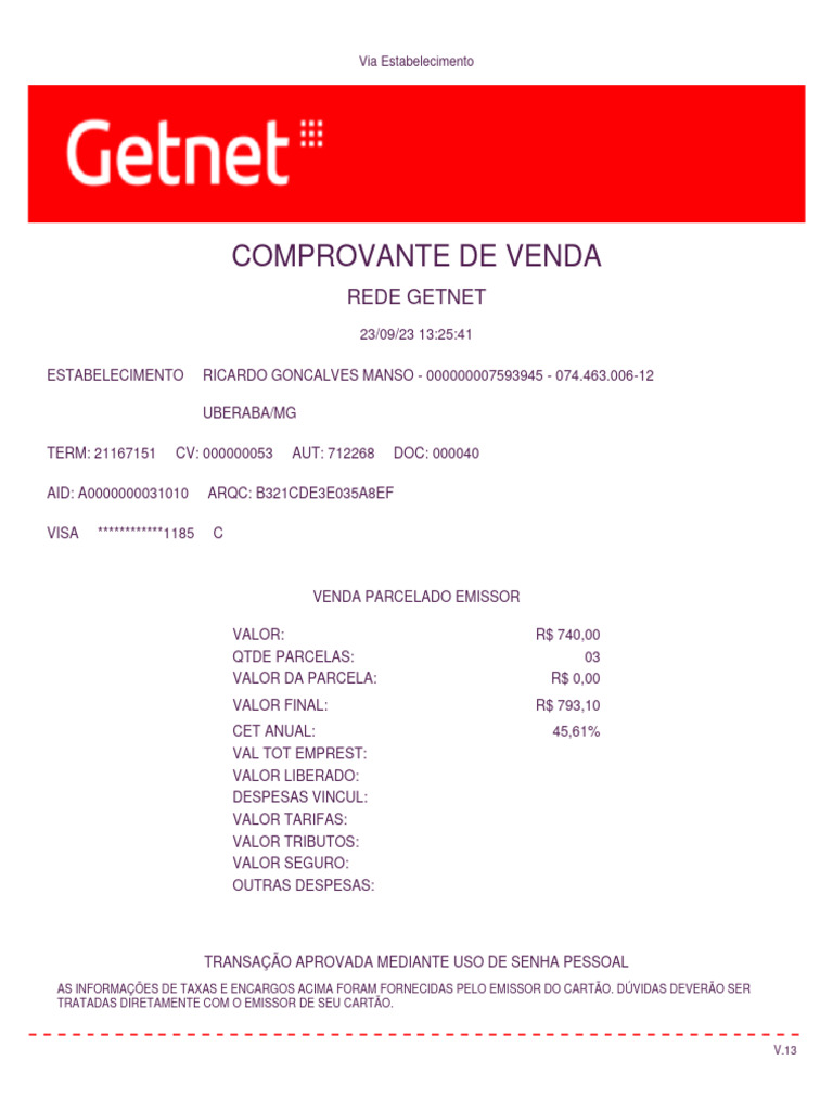 Comprovante Getnet | PDF