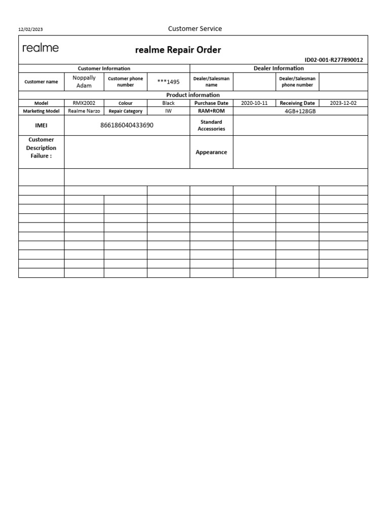 Realme Repair Order | PDF
