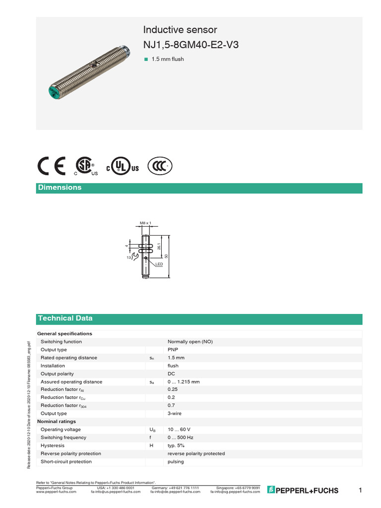 Inductive Sensor NJ1,5-8GM40-E2-V3: Dimensions | PDF | Measuring Instrument