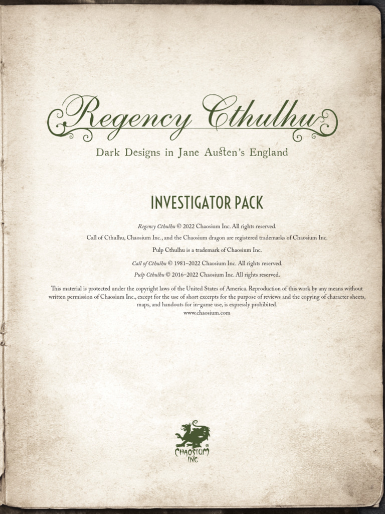 Regency Cthulhu Investigator Pack | PDF