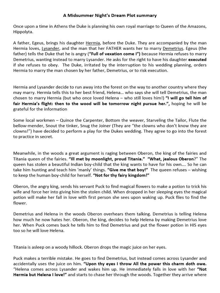A Midsummer Night's Dream Summary | PDF | Mystery, Thriller & Crime ...