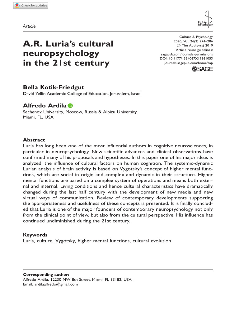 Luria's Cultural Neuropsychology Today | PDF | Cognition | Psychology